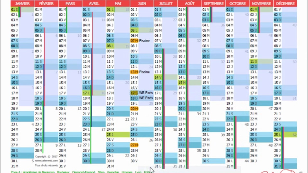 Personnaliser le calendrier annuel 2017 Calenweb avec jours fériés et vacances scolaires - YouTube