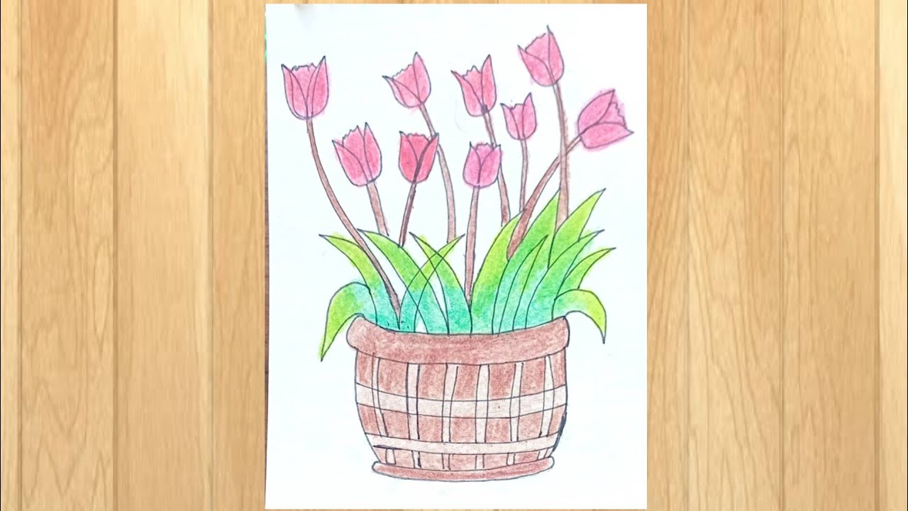 How to draw a bucket flowers with pencil colour / Pencil shading ...
