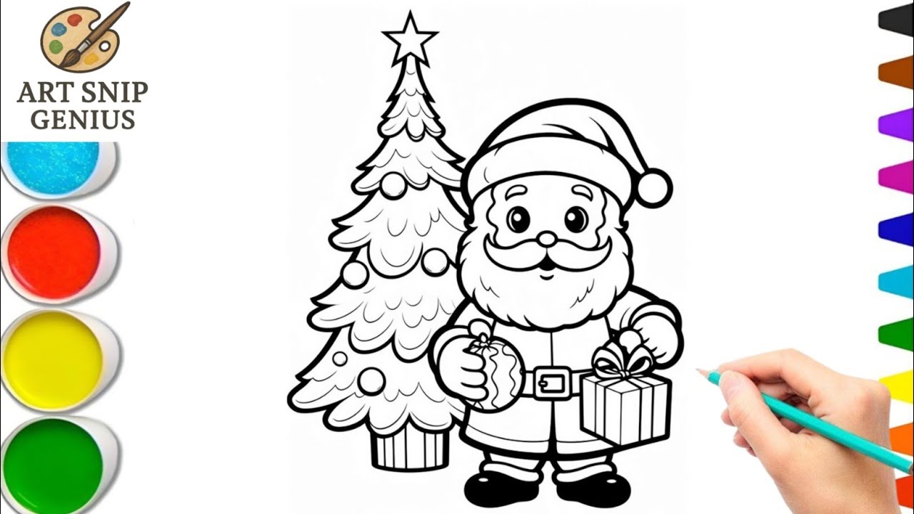 How to Draw Santa Claus & Christmas Tree | Easy Kids Art Tutorial [Art ...