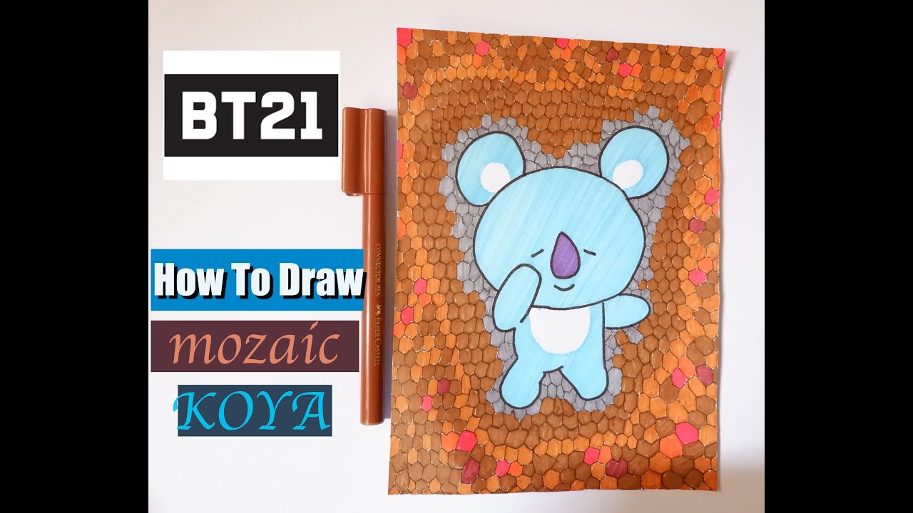 How to draw Koya BT21 BTS RM in mosaic background - YouTube
