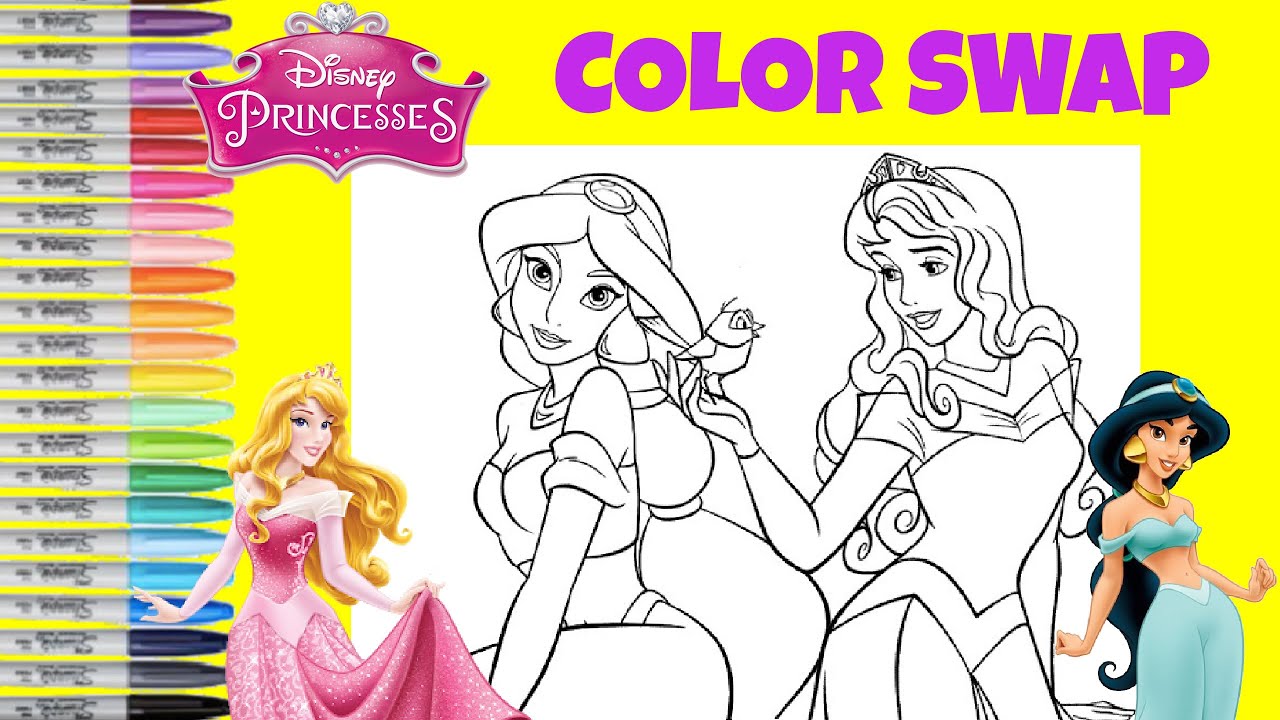Disney Princess Coloring Book Page Color Swap Jasmine and Aurora - YouTube