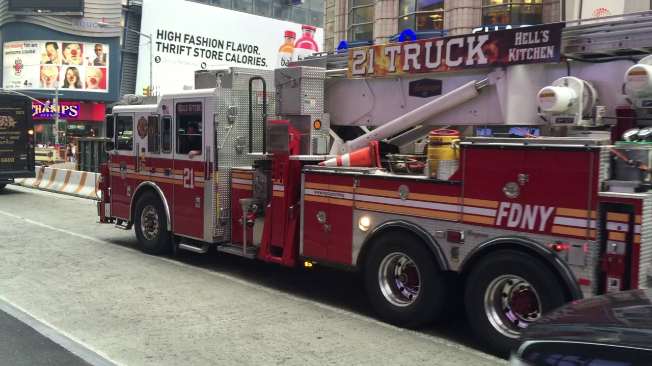 FDNY TOWER LADDER 21 TAKING UP FROM CALL ON 7TH AVENUE IN TIMES SQUARE ...