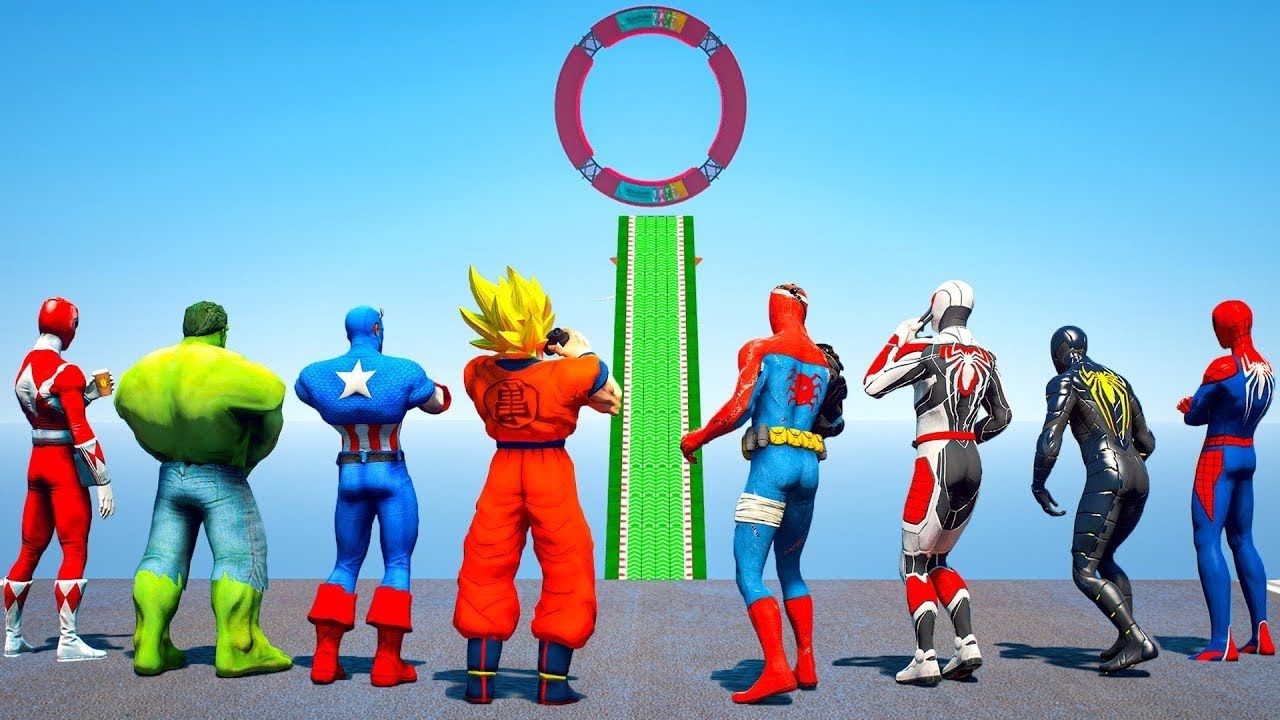 Team SPIDER-MAN Color & Hulk Race Go Uphill Over the Ocean Ramps ...