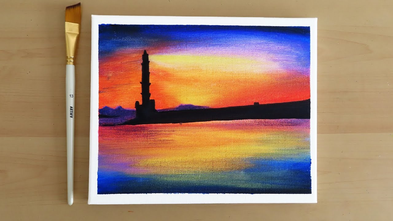 Sunset Lighthouse Seascape Painting for Beginners || Acrylic Painting ...