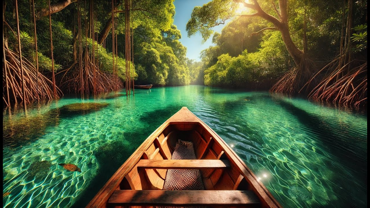 4K Paddling a Canoe in Tropical Lagoon Rivers— With Water and Birds ...