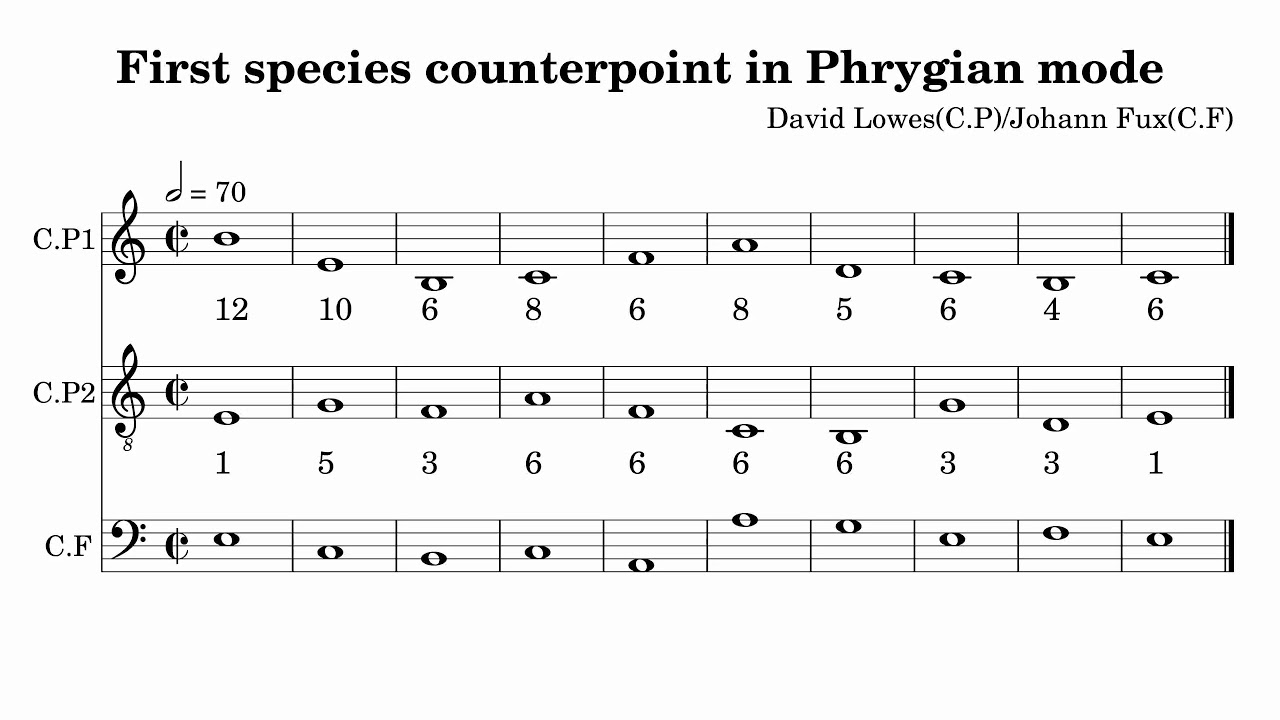 First species counterpoint in Phrygian mode for three voices - YouTube