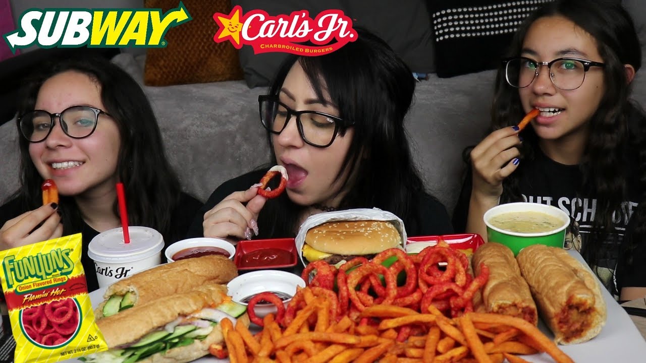 SUBWAY AND CHEESEBURGER, FLAMIN HOT FUNYUNS MUKBANG | EATING SHOW - YouTube