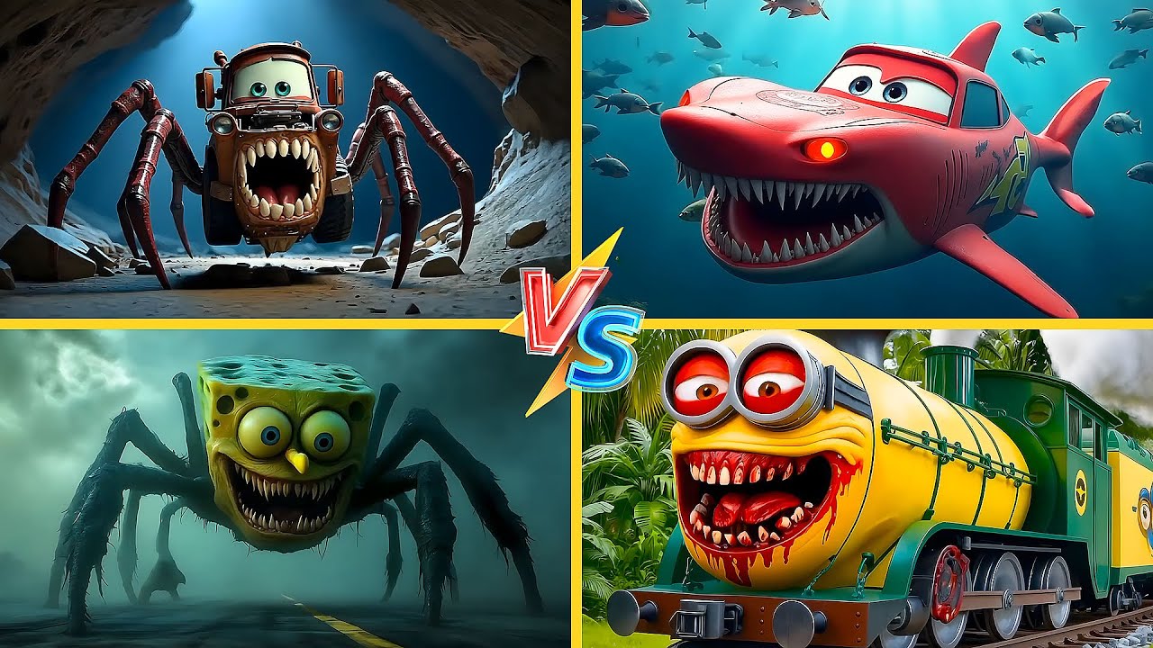 Spider Tow Mater 🆚 McQueen Shark 🆚SpongeBob EXE 🆚 Minion EXE Train ...