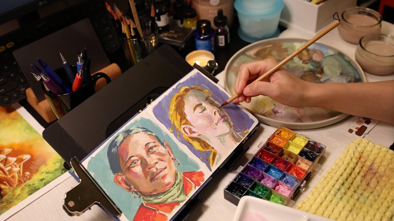 Portrait with gouache | Real time relaxed painting session | ASMR art ...