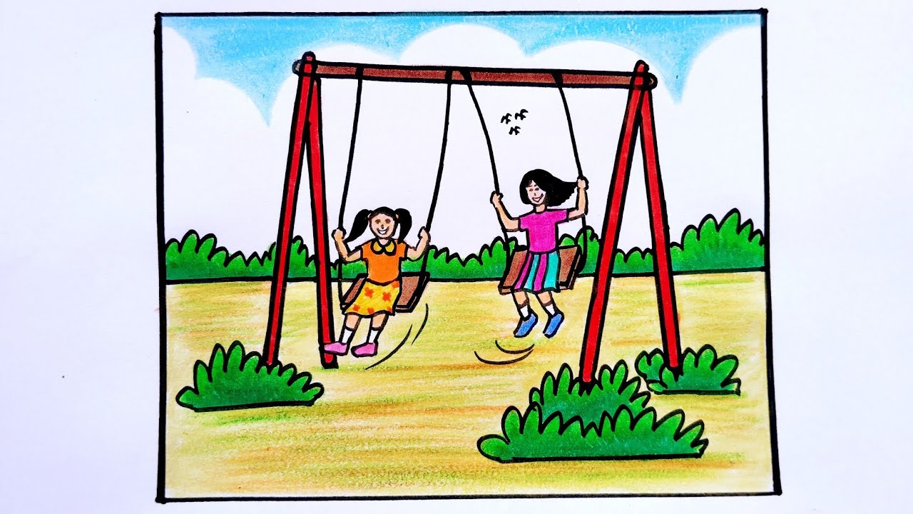 Girls on Swing Drawing Easy | Kids Playing at The Park Drawing ...