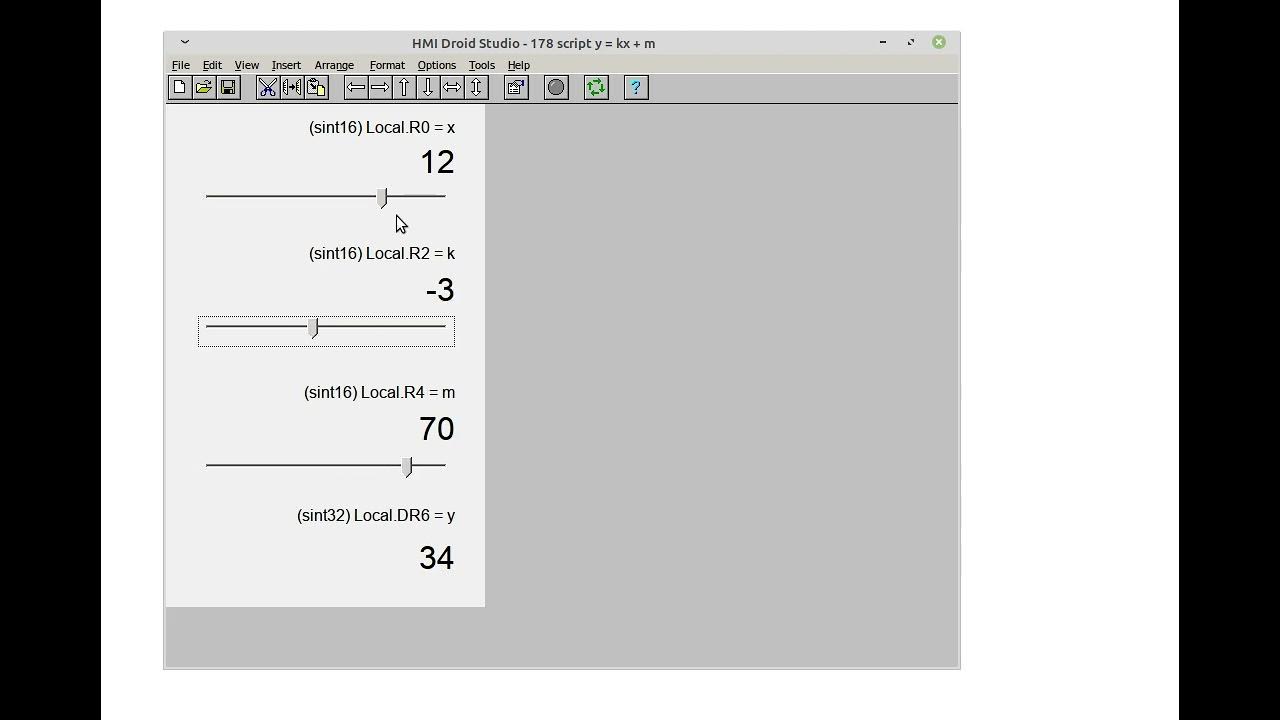 HMI Droid Studio 6.7.8.3135 with script calculating y = kx + m - YouTube