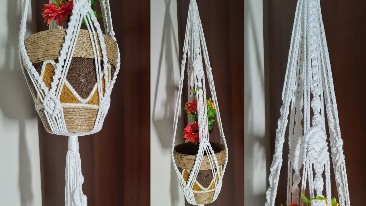 Macrame plant hanger Diamond with square knot Spiral knot Leaf knot ...
