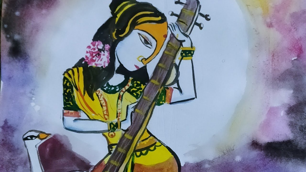 How to draw Saraswati Devi with Watercolour 🎨🖌️/Step by step📝easy ...
