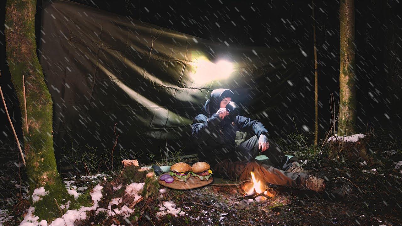 Winter Bushcraft Survival - Tarp Shelter Build in Snow Forest | Cooking ...