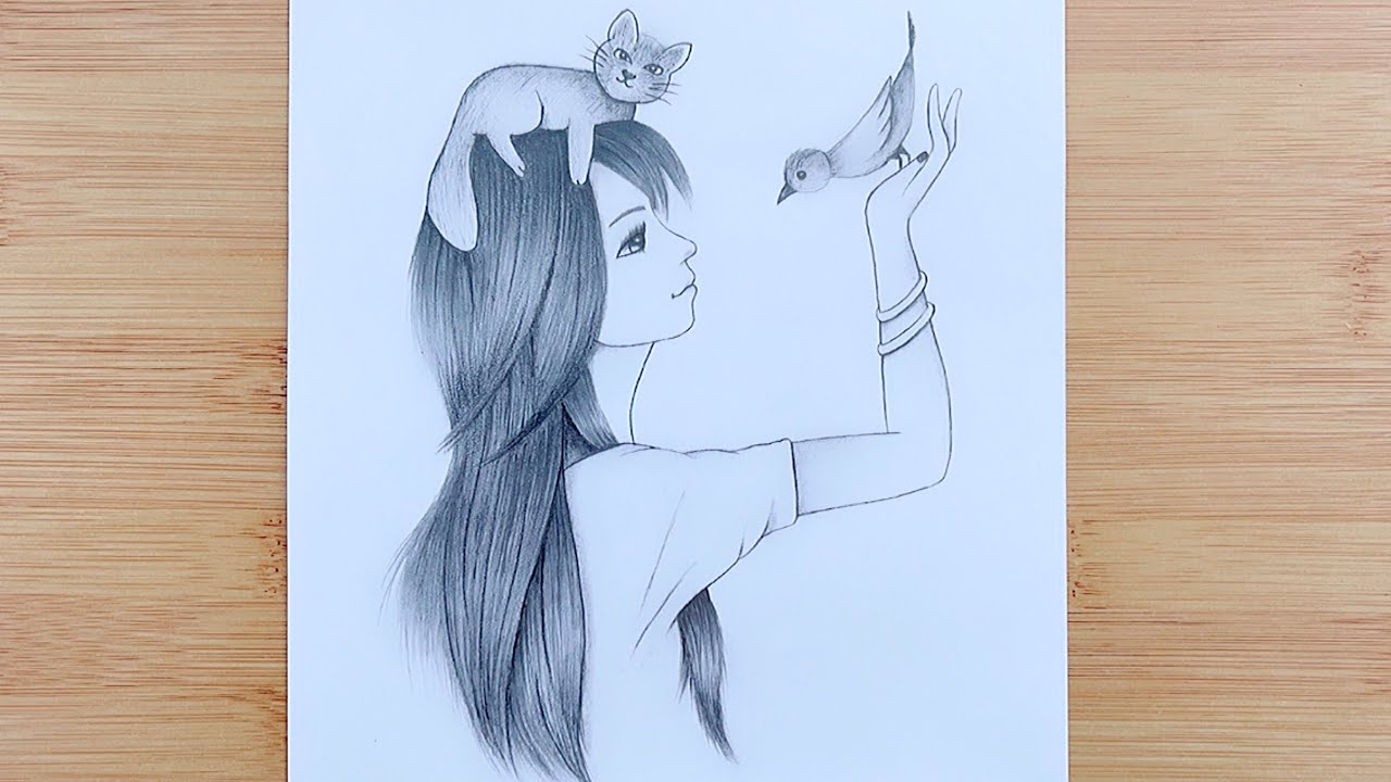 Draw the Girl is playing with Birds and cats / Art Tutorial - YouTube