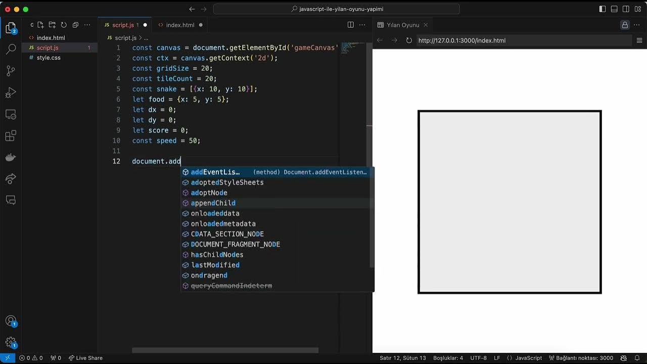 Javascript İle Yılan Oyunu Yapımı Youtube