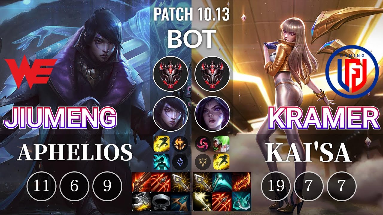 WE Jiumeng Aphelios vs LGD Kramer Kai'Sa Bot - KR Patch 10.13 - YouTube