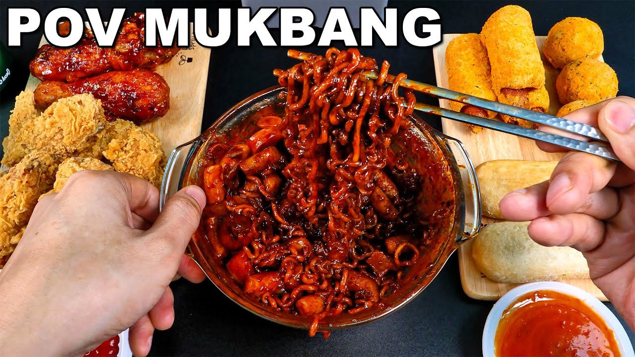 POV MUKBANG BLACK BEAN FIRE NOODLES RICE CAKE CHICKEN WING (NO TALKING ...