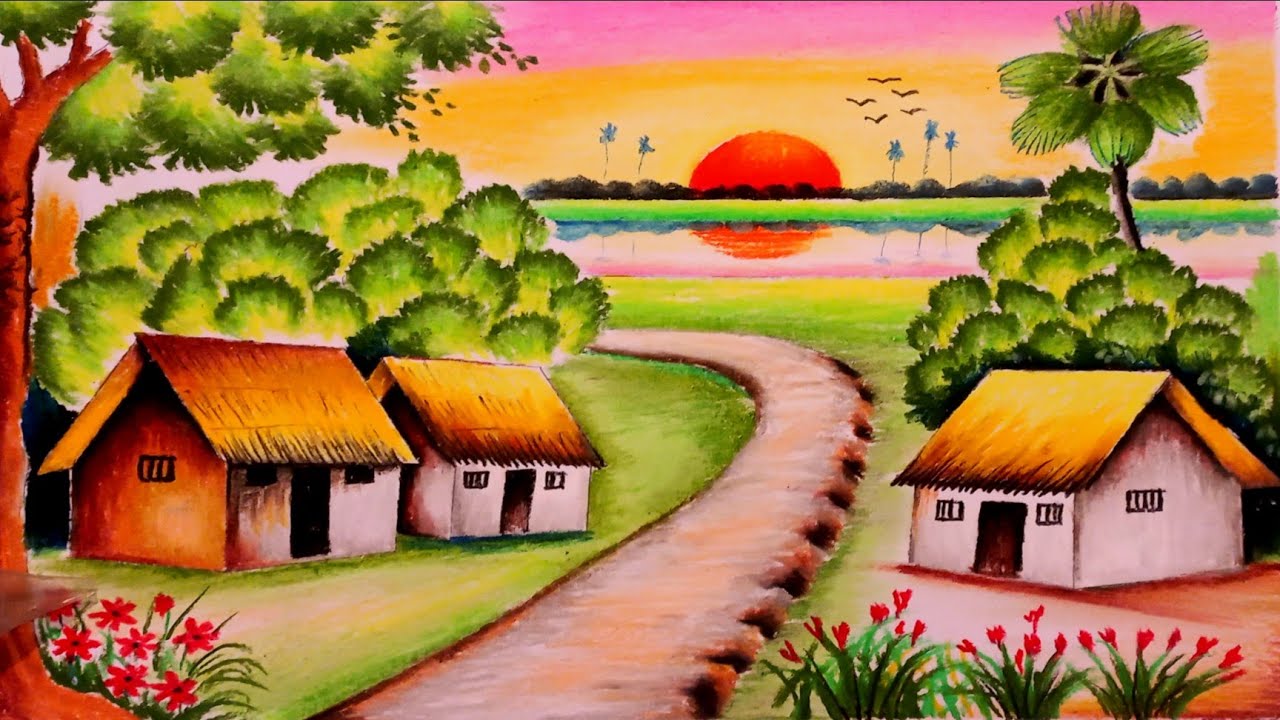 How to draw easy Sunset Scenery Drawing | Landscape Village Drawing ...