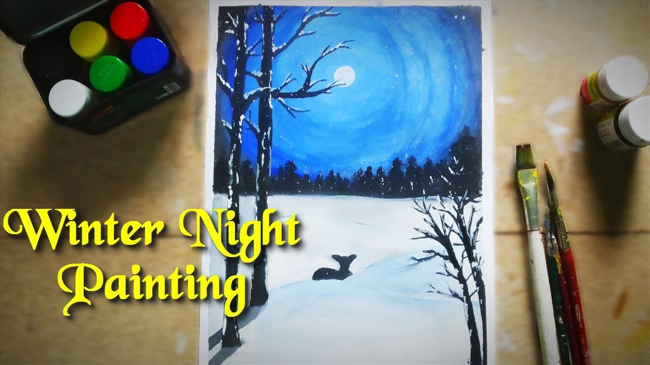 Winter Night Painting || Nature painting for beginner - YouTube