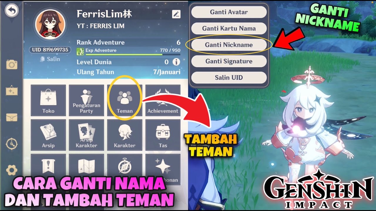 CARA MENAMBAH TEMAN DAN GANTI NAMA (NICKNAME) GENSHIN IMPACT INDONESIA ...
