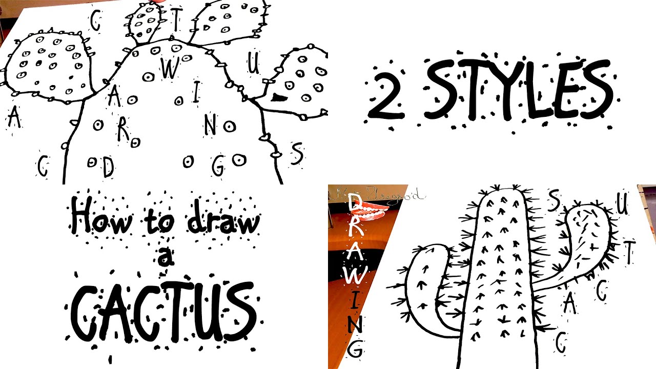 How to Draw a Cartoon CACTUS Easy, on paper | 2 Cactus Styles | PENCIL ...