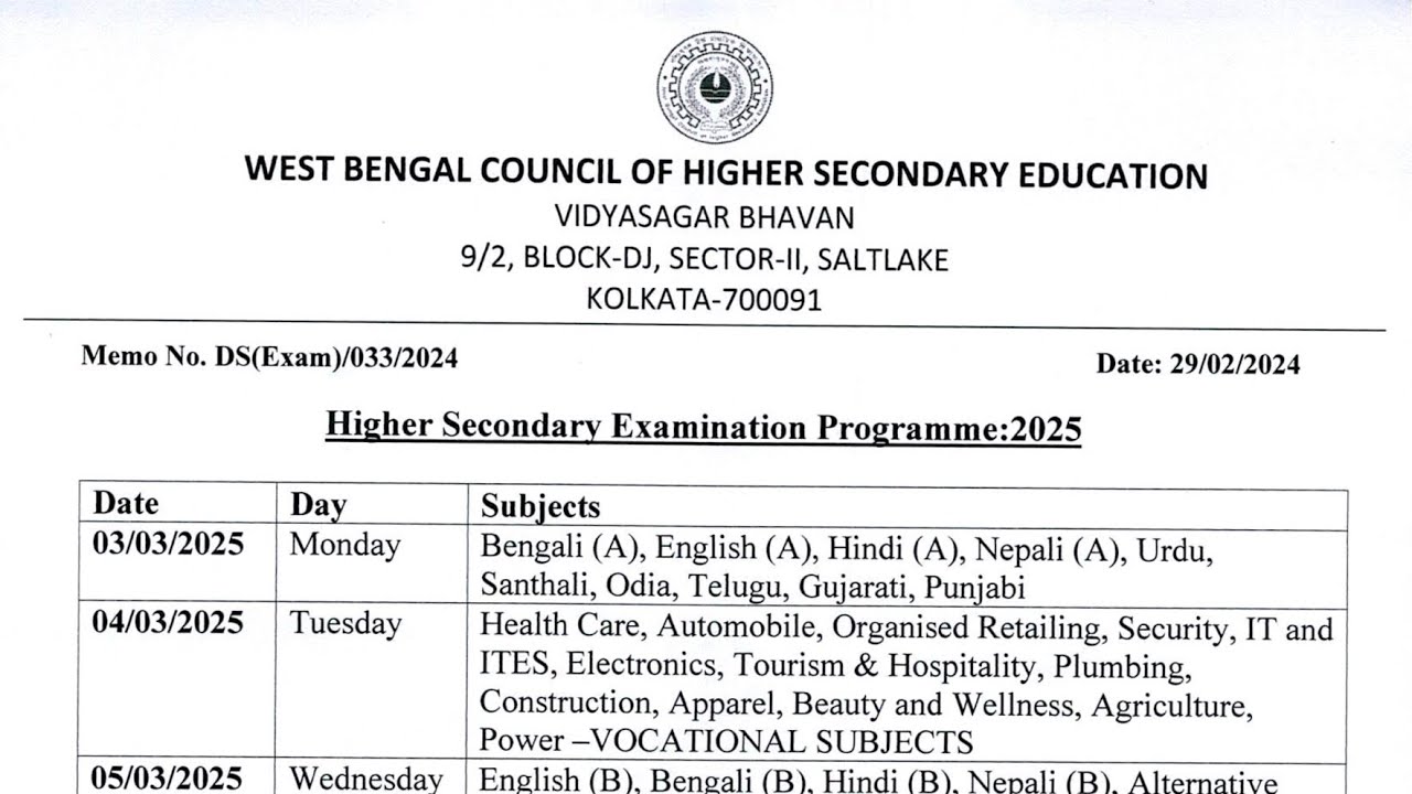 HS 2025 CLASS 12 EXAM ROUTINE OUT FOR BOARD EXAMINATION | WBCHSE 2025 ...
