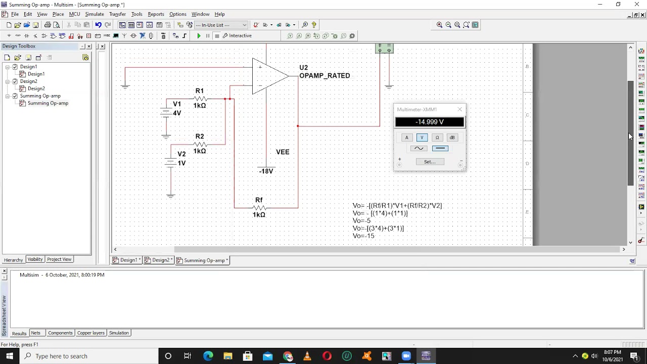 Op-amp as summer (Summing amplifier) # 3 Cases in Multisim - YouTube