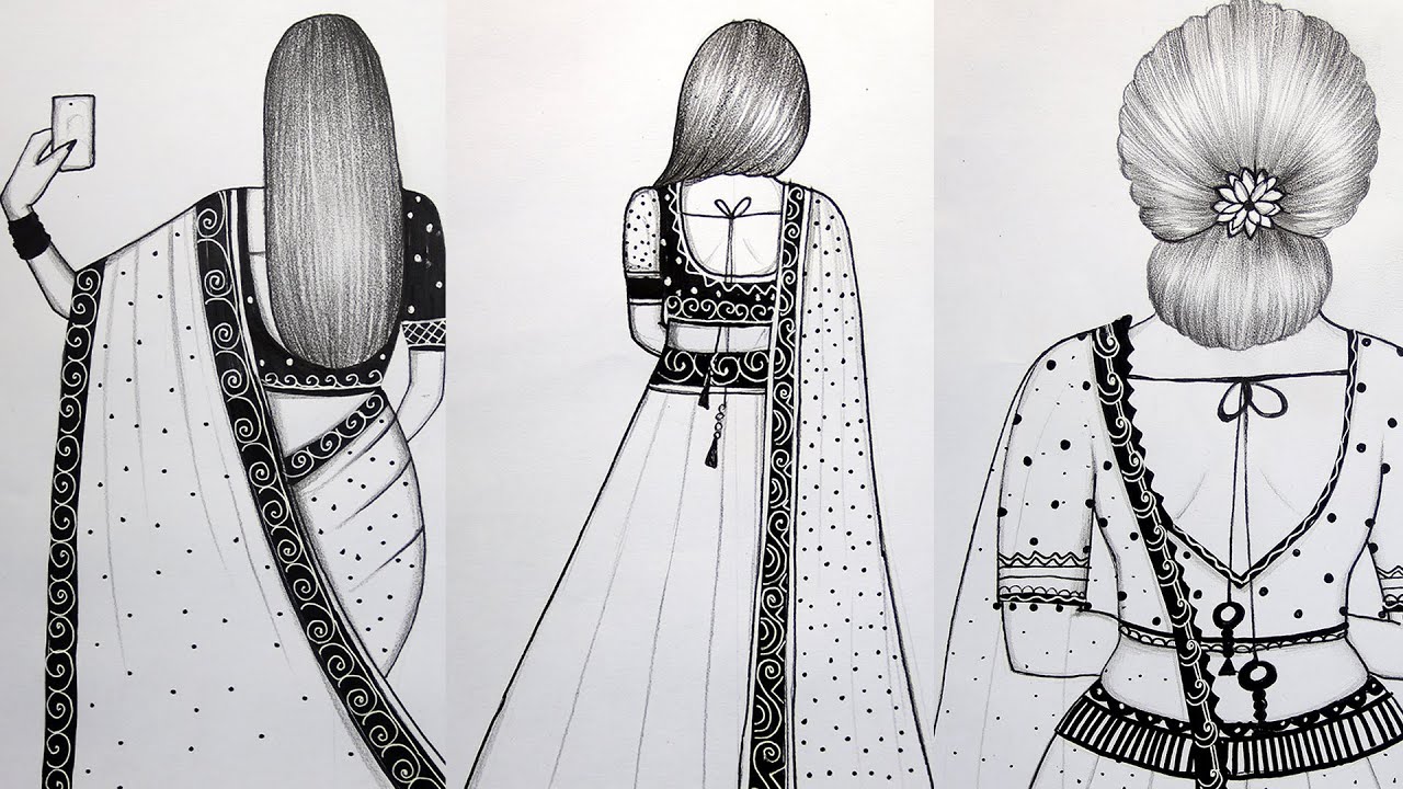 3 Very Simple and Easy Drawing || Traditional women backside Drawing ...