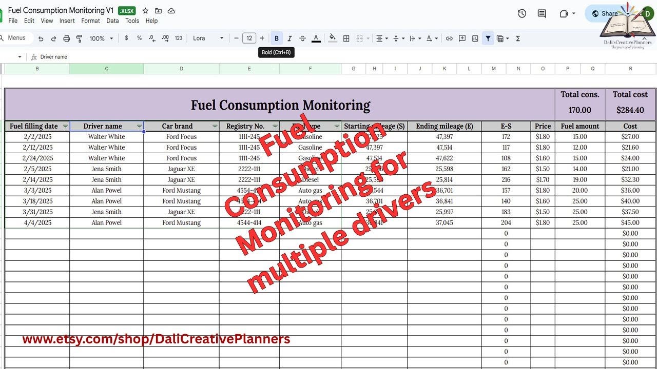 Fuel Consumption Tracker in Excel for Multiple Drivers | Easy Tutorial ...