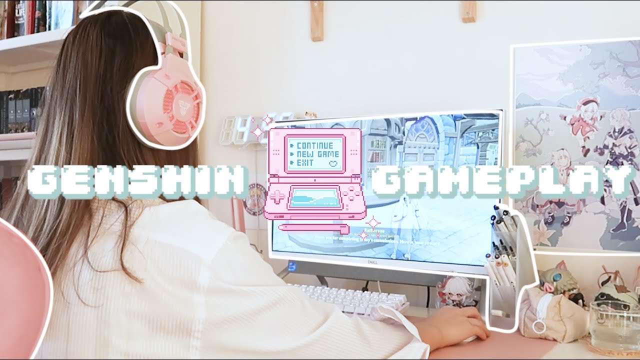playing genshin impact ☁️ pc set up, afternoon gameplay vlog, character ...