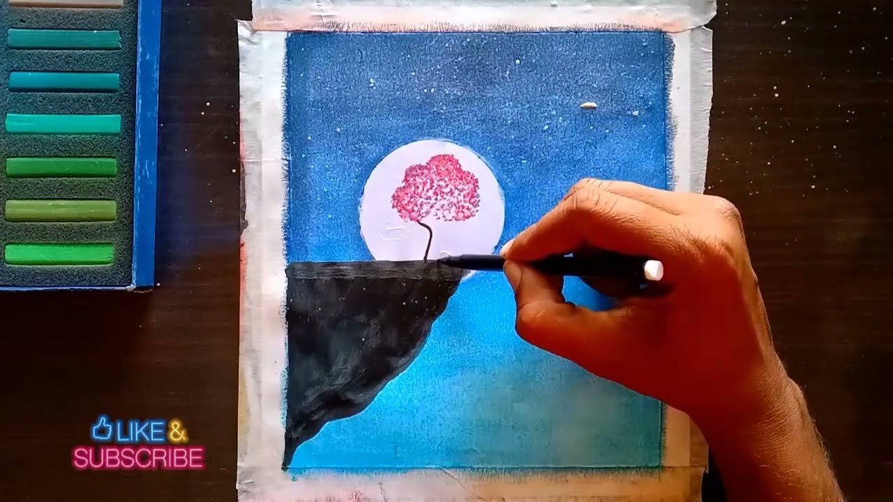 Beautiful Scenery Drawing|Moonlight Acrylic painting Step by Step|Blue ...