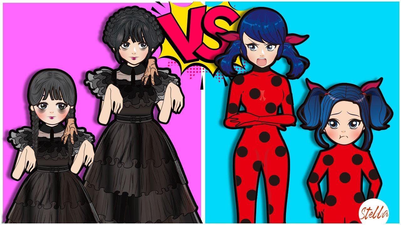 [🐾paper diy🐾] Wednesday Addams VS Ladybug - Miraculous doll story - YouTube