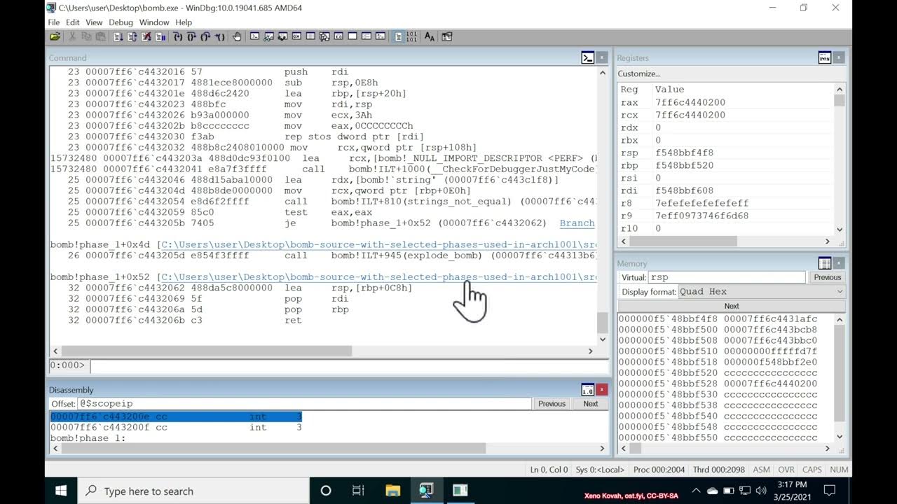 CMU Binary Bomb Lab: Phase 1 Example in WinDbg - Architecture 1001: x86-64 Assembly - YouTube