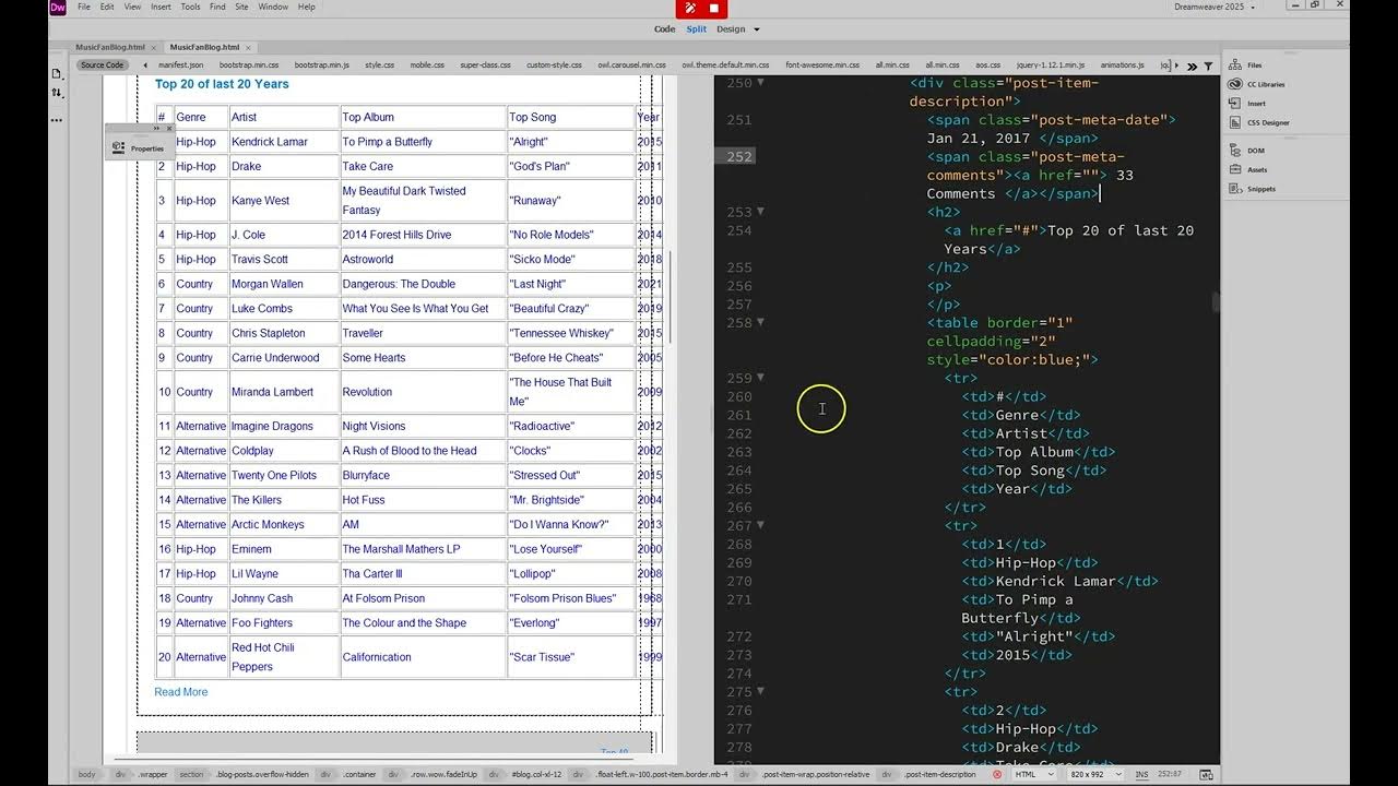 Music Table Formatting Dreamweaver - YouTube