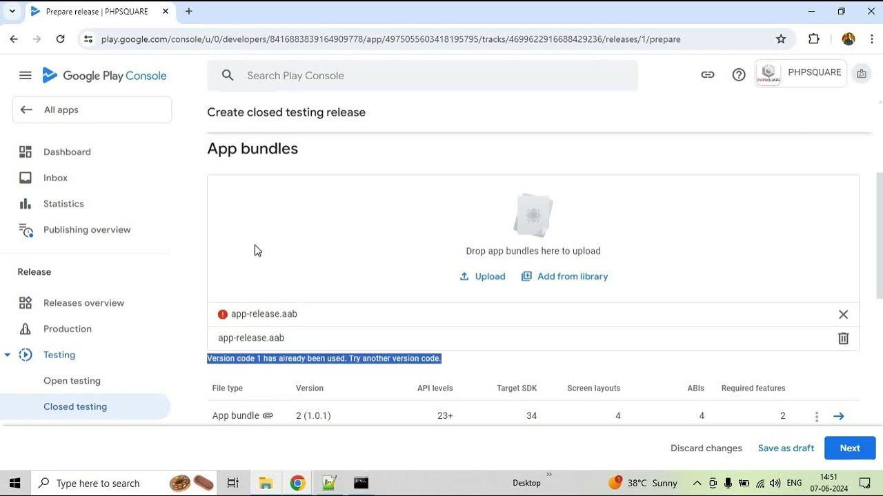 Version code 1 has already been used. Try another version code. - YouTube