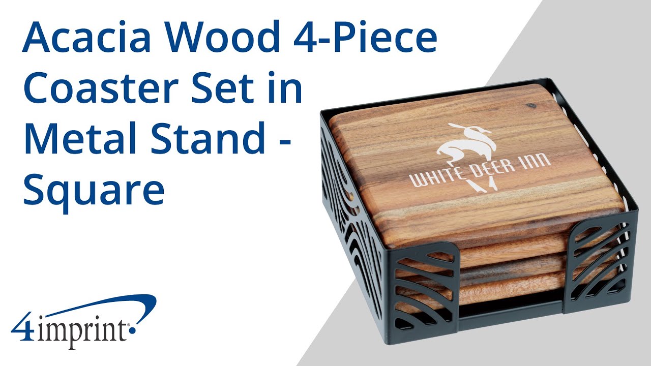 Acacia Wood 4 Piece Coaster Set in Metal Stand by 4imprint - YouTube