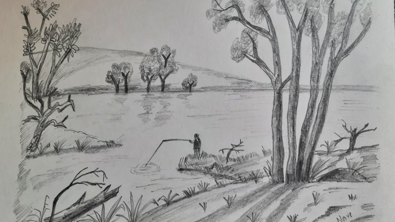 Lonely Fisherman Drawing | How to draw a beautiful river scenery ...