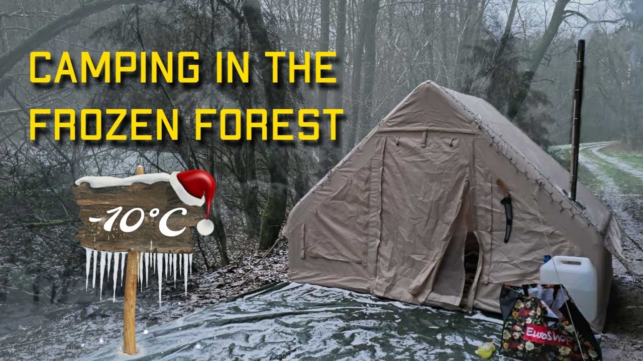 Camping in the frozen forest, inflatable tent, relaxing, cooking ...