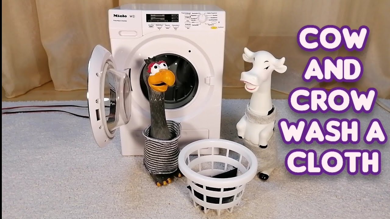 Cow and Crow wash a cloth by Happy Pigs (Miele toy washing machine ...