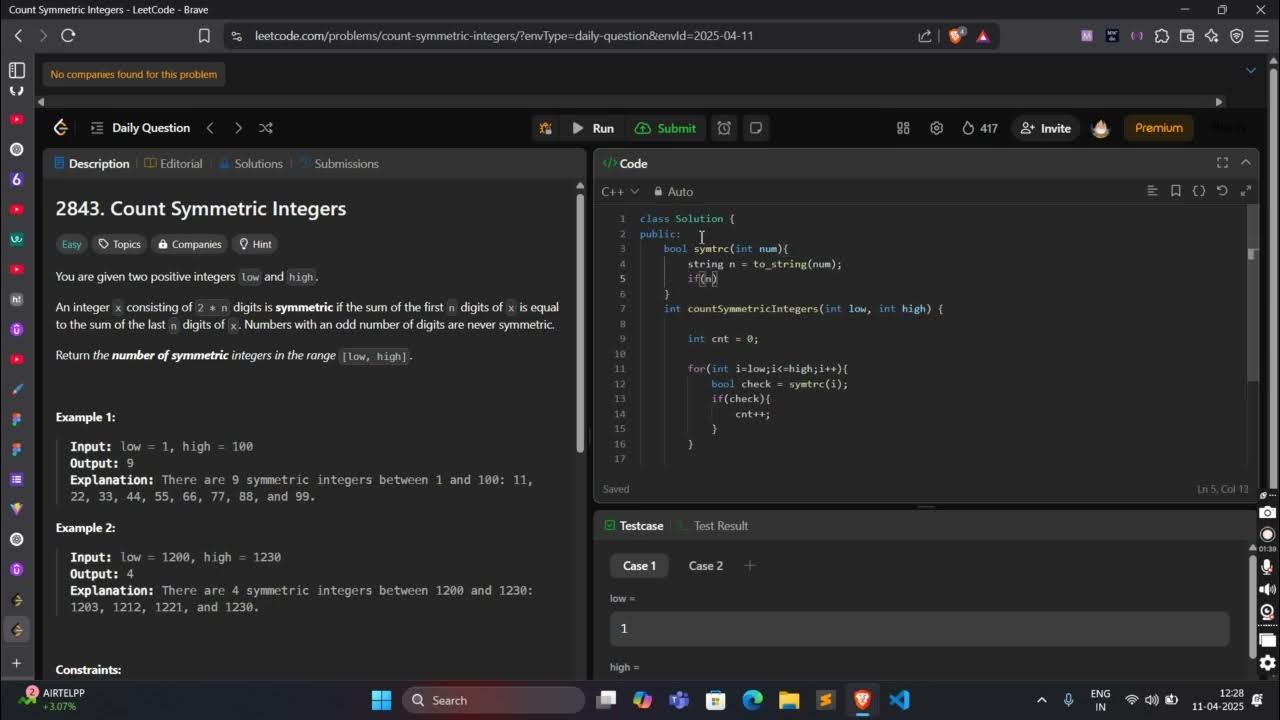2843. Count Symmetric Integers || Leetcode Daily || Solved by own - YouTube