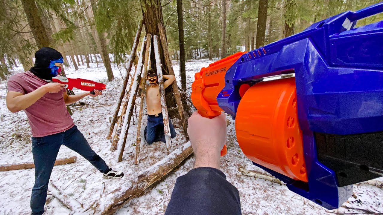 Nerf War: Escape from Captivity in the Winter Forest & Bandit Base ...
