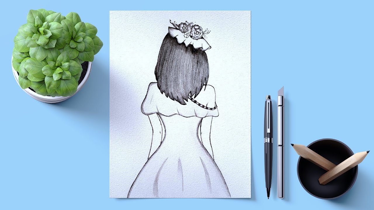 How To Draw A Girl Back side drawing with Short Hair | Step-By-Step ...