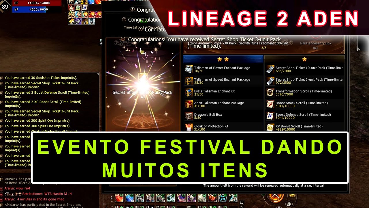 Lineage 2 Aden - Evento dando Muitos Itens: Soulshot, Spirit ore, buffs ...