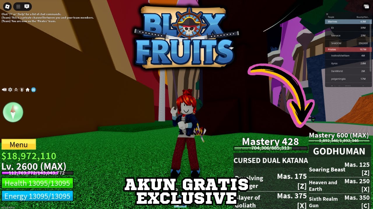 BAGI BAGI AKUN BLOX FRUIT LEVEL MAX, GOD HUMAN MAX + CURSED DUAL KATANA ...