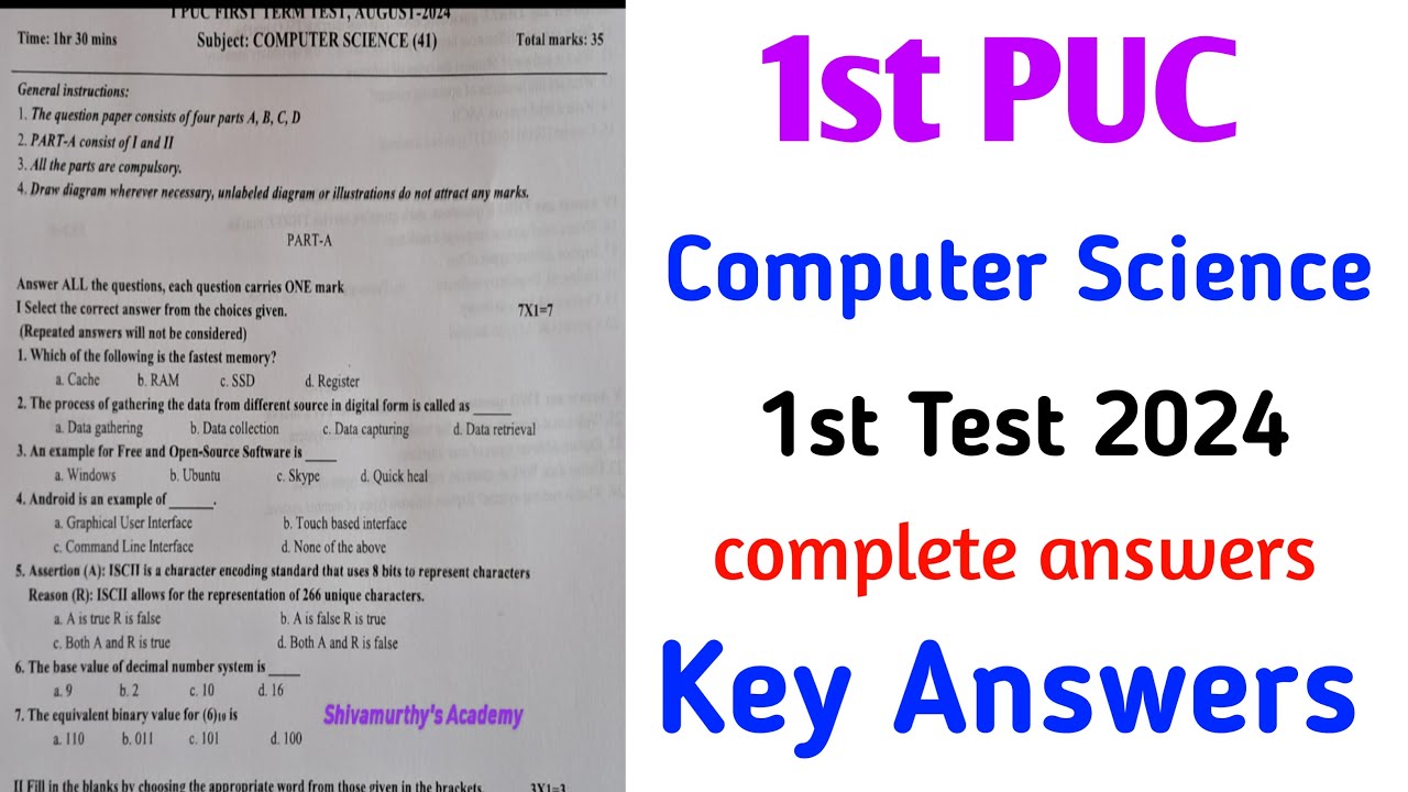 1st PUC Computer Science Key Answer 1st Test#shivamurthysacademy# ...