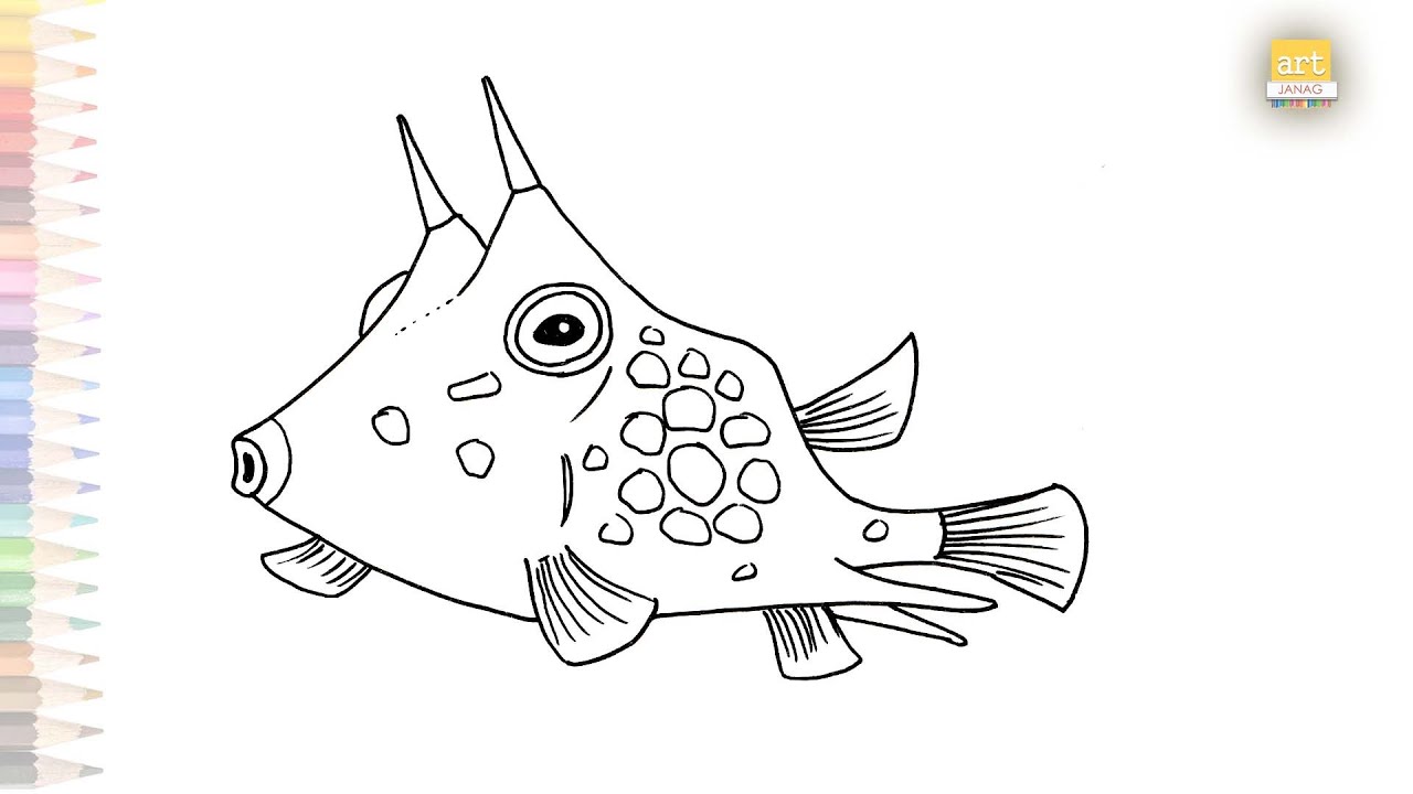 Longhorn cowfish drawing easy | Dibujo de pez vaca de cuernos largos ...