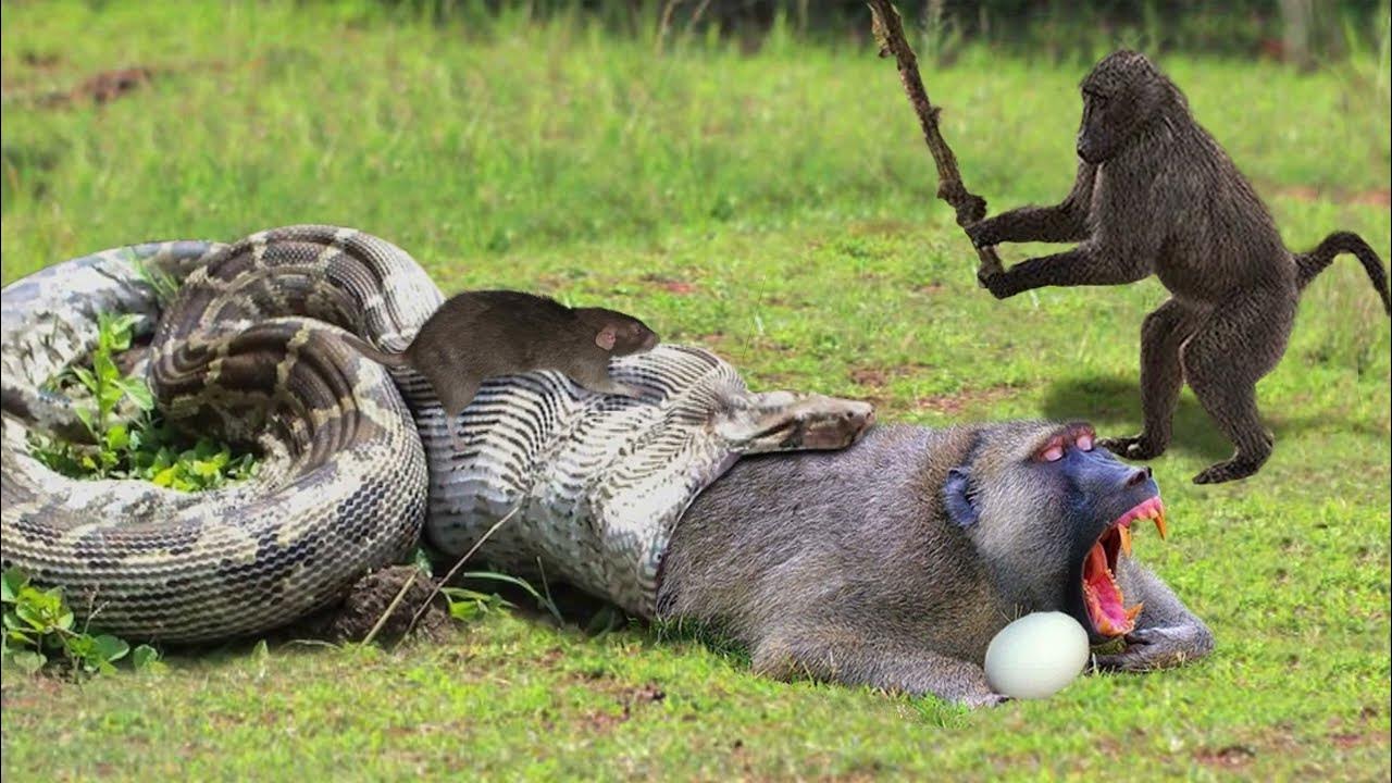 OMG!!! Baboon Herd Rescue Mouse Success From Python Swallowing – Snake ...