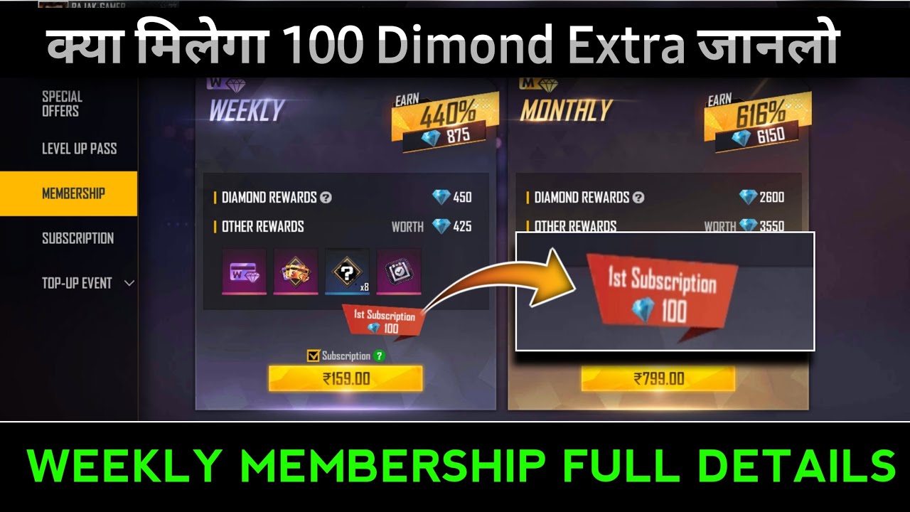 free fire 1st subscription 100 diamonds। weekly membership subscription ...