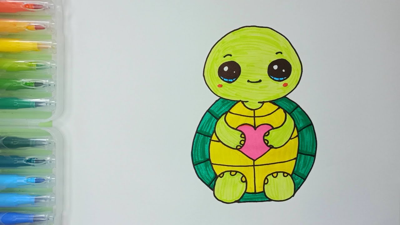 How to draw a cute turtle with a heart - YouTube
